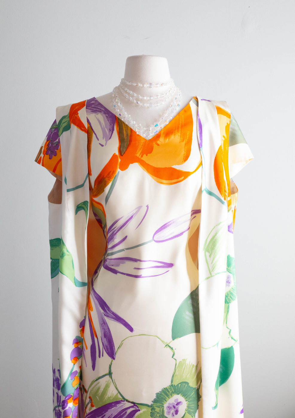 Spectacular 1960's Floral Print Gown With Matching Watteau Train Vest ...