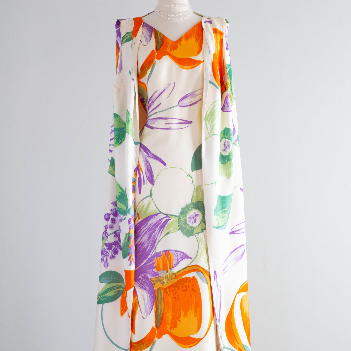 Spectacular 1960's Floral Print Gown With Matching Watteau Train Vest ...