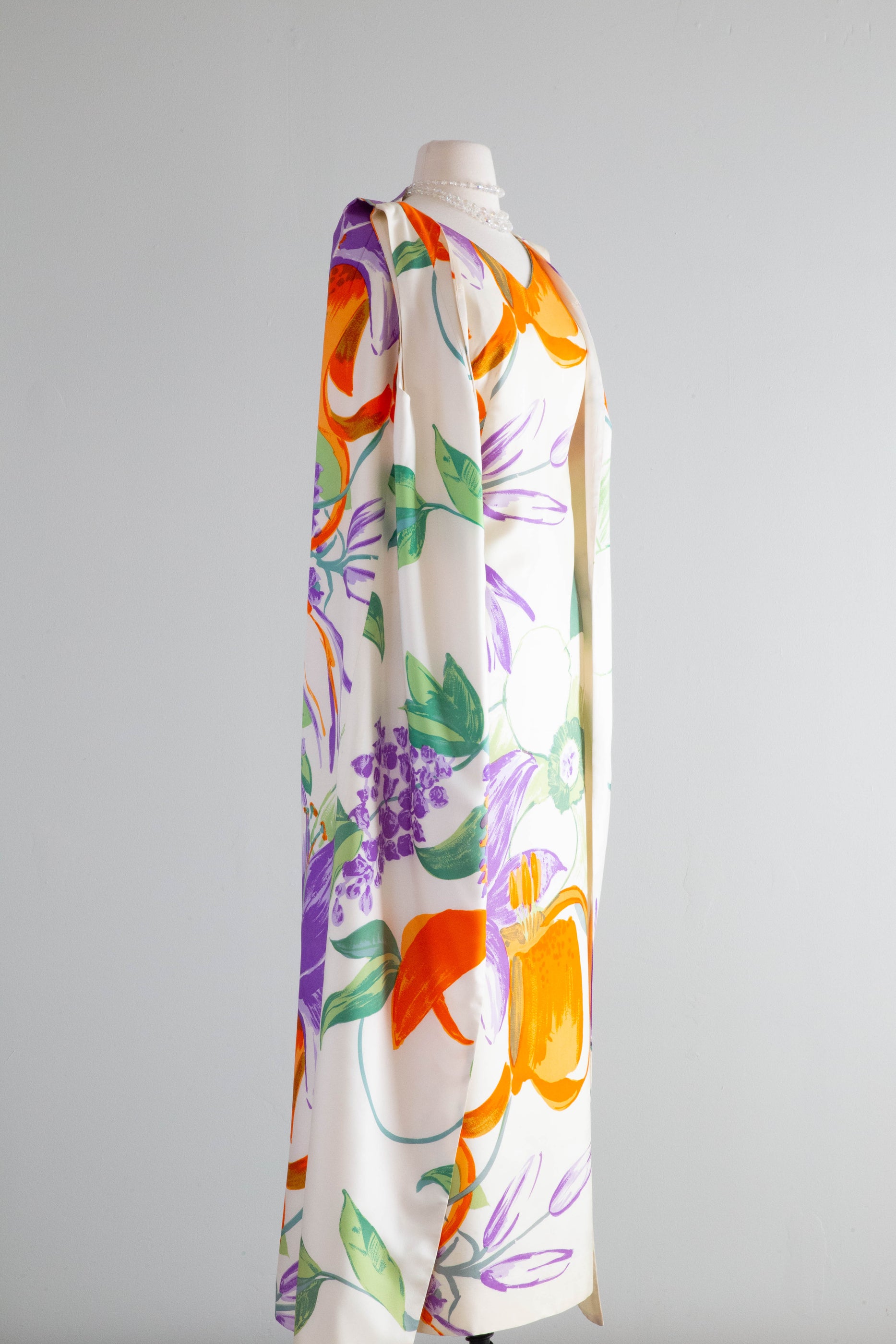 Spectacular 1960's Floral Print Gown With Matching Watteau Train Vest ...