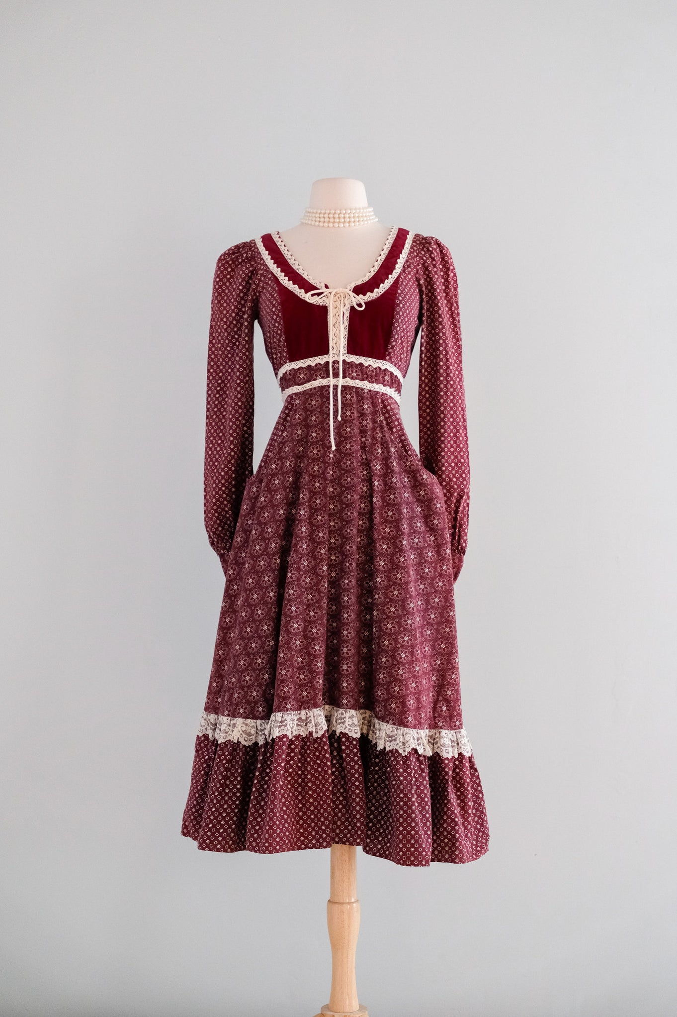 Vintage 1970's Autumnal Burgundy Calico Red Prairie Style Dress / S ...