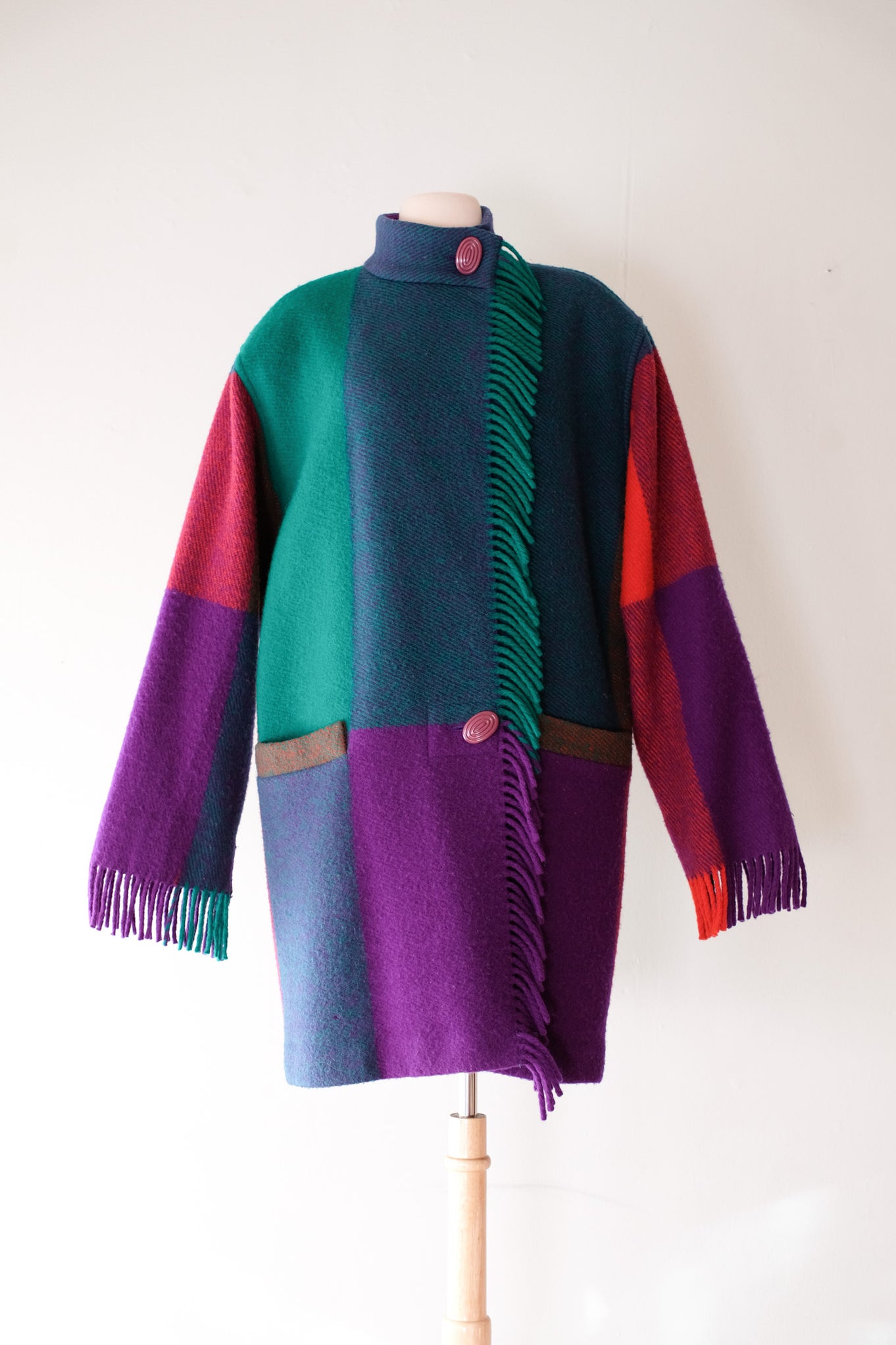 Bold 1980's Jewel-tone Bold Plaid Wool Fringe Cocoon Coat / Sz L ...