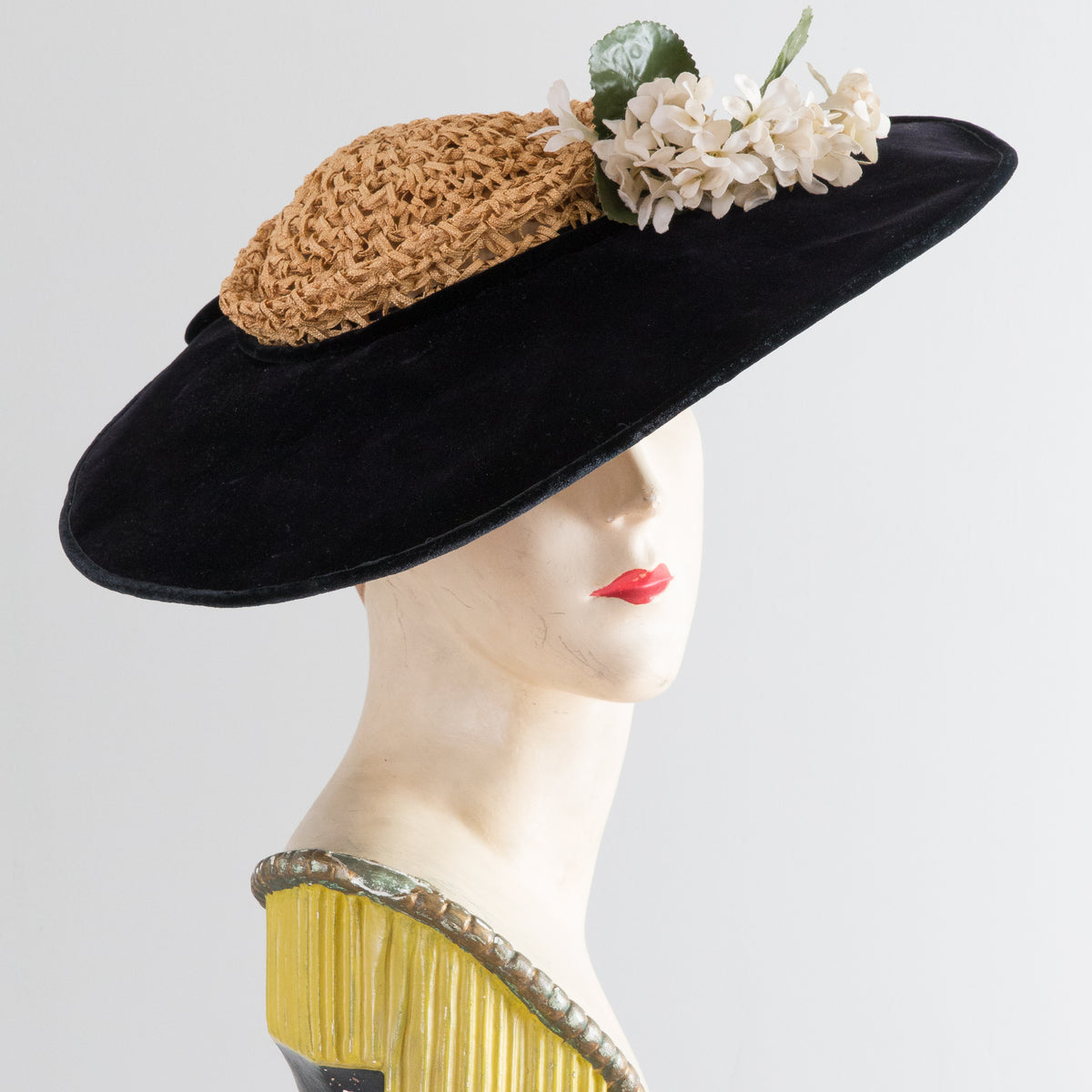 Fabulous 1950's Black Velvet & Straw Cartwheel Hat by Mabel Ellsworth ...